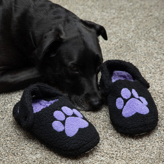 Sherpa Fleece Paw Print Slippers with Elastic Heel Strap | The Animal ...